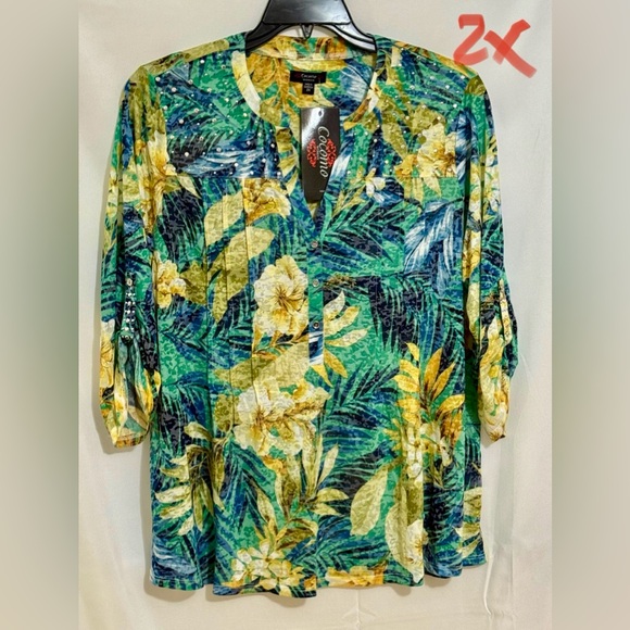 Cocomo | Tops | Cocomo Green And Yellow Relaxed Blouse With Mandarin ...